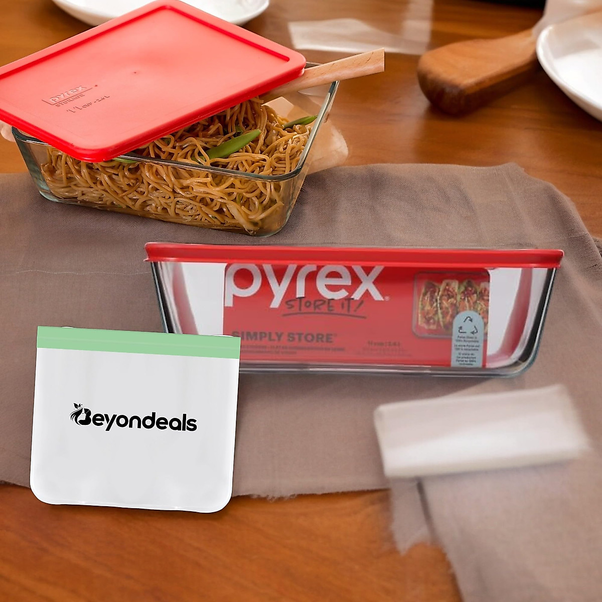 Beyondeals Simply Store 11-Cup Rectangular Glass Food Storage Dish,1.9 Pounds, Bundle Reusable Food Storage Bag -, Leakproof Lids, Kitchen Organization,Glass Storage Dishes [Pack Of 2]