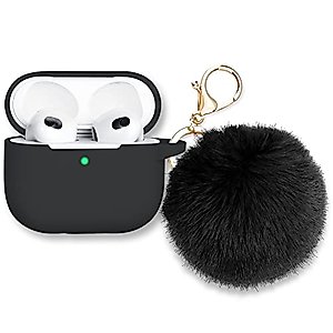 R-fun AirPods 3 Case Cover with Pompom Keychain, Full Protective Silicone Skin Accessories for Apple AirPod 3rd Generation 2021 for Women Men Girls Boys,Front LED Visible (Black)