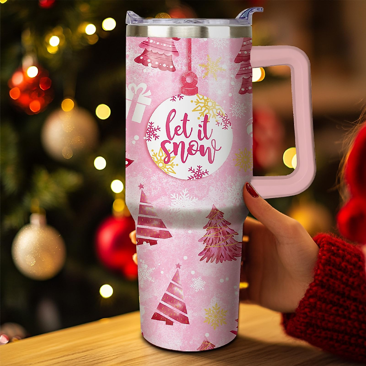 qoepfnsh Christmas Tumbler 40 oz Christmas Tumblers with Handle and Straw Pink Christmas Tree Stainless Steel Insulated Coffee Cups Mugs Christmas Gifts Stuff Decor for Women Girls