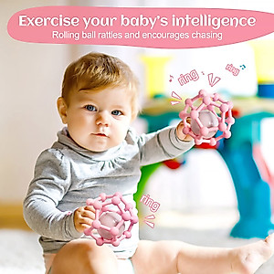 Baby Teethers Toys Silicone Soft Ball Easy to Hold Teether for Sensory Ball Exploration & Teething Stress Relief Molar Ball Soothing Teether Toy Baby Ball for Ages 0 Months+,(Rattle Teether Ball-Pink)