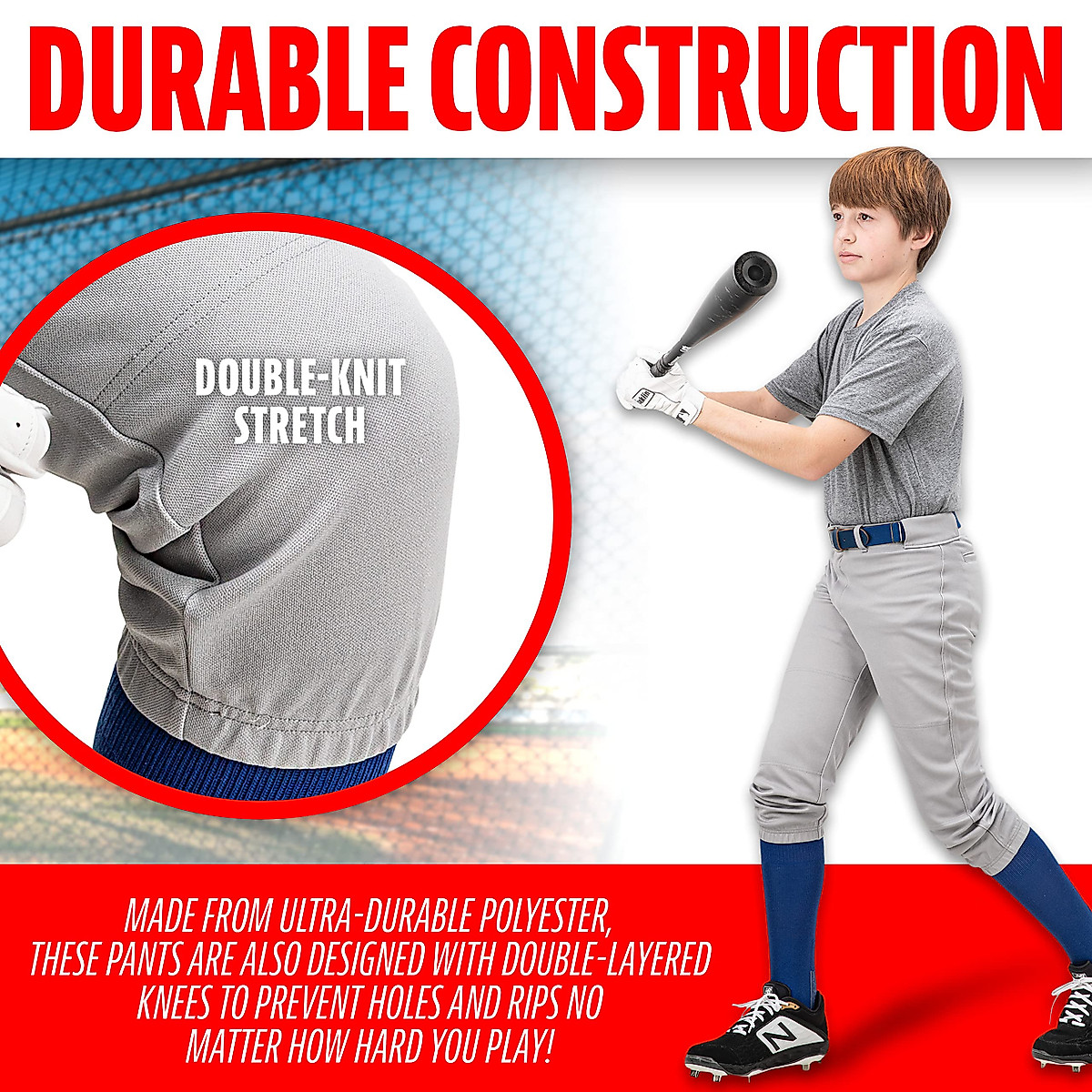 Franklin Sports Youth Baseball Knicker Style + Knee High Softball Pants for Kids - Boys + Girls with Belt Loop - Grey - Youth Small