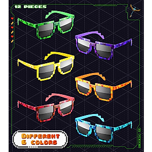 Flutesan Pixel Sunglasses Miner Party Favors Pixel Party Favors Glasses for Kids Adults Birthday Party Pixelated Game Party Supplies(12 Pair)