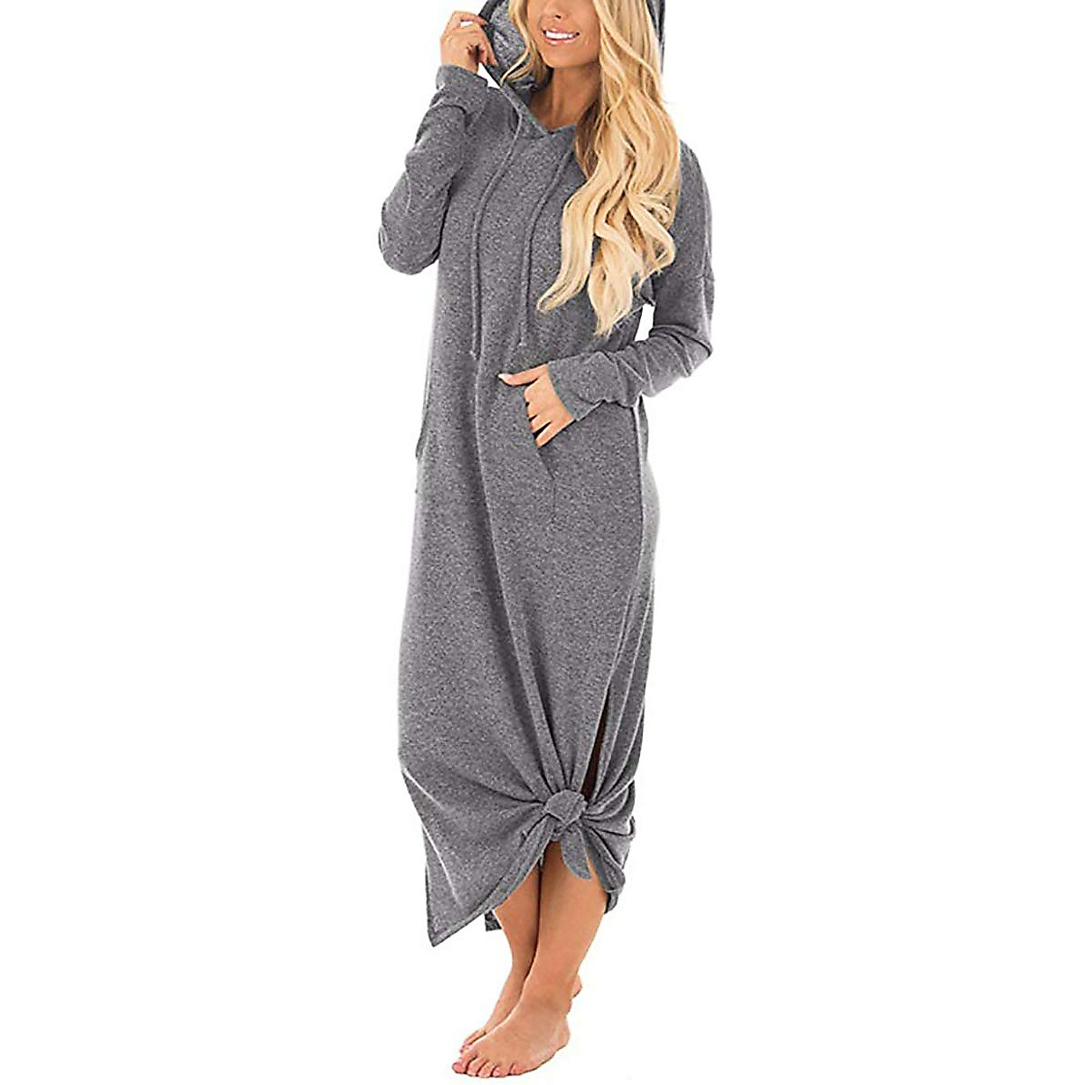 GIKING Women's Casual Hoodies Long Sleeve Split Hooded Long Maxi Sweatshirt Dress with Pockets 2023 Fall Fashion（Gray,L）