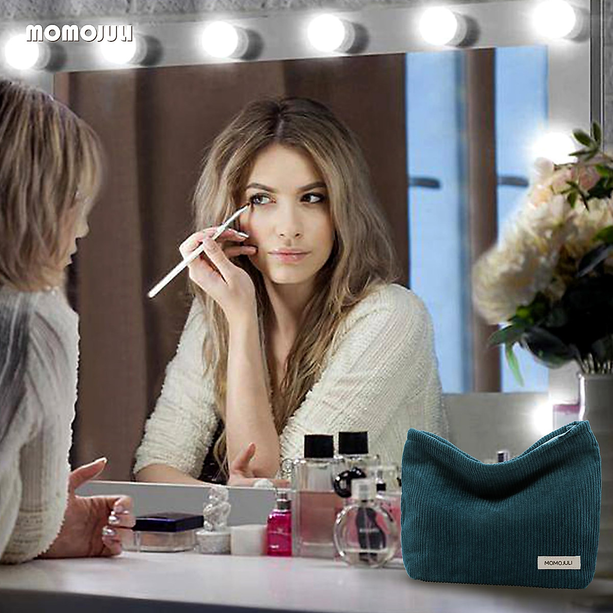 MOMOJULI Corduroy Makeup Bag Cosmestic Bag 2pcs Large Capacity Ladies Women Aesthetic Make Up Organizer Accessories Zipper Pouch Purse （Beige+Green）