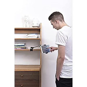 Ledetech Aluminum Adjustable Long Arm Tablet iPad Stand with 360° Swivel Bracket for Any 4-12.9" Smart Devices fits in Office Desk (Black)