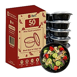 Reli. Meal Prep Container Bowls, 24 oz. | 50 Pack | Round Meal Prep Containers with Lids | Reusable 24 oz Bowls/Food Containers | Microwavable Bowls with Lids, Black Food Storage Containers | Black