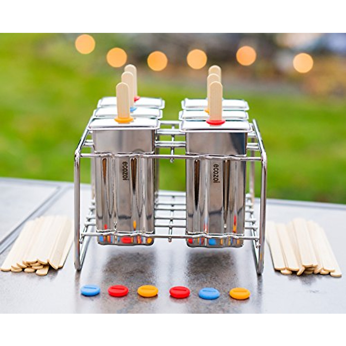 Ecozoi Stainless Steel Popsicle Molds and Rack - 6 Square Ice Pop Makers + 30 Reusable Bamboo Sticks + 12 Silicone Seals + 1 Cleaning Brush +1 Rack