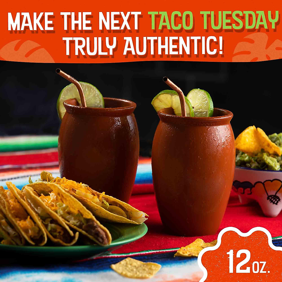 CANTAREY - 12oz Clay Cups for Tequila, Margaritas, Mojitos and More, Cantaritos de Barro Mexicanos, Natural Clay Margarita Glasses, Taco Tuesday Tazas de Barro, Set of 2