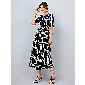 WDIRARA Women's Printed Short Sleeve Round Neck Belted Long Dress Elegant Dresses Black L