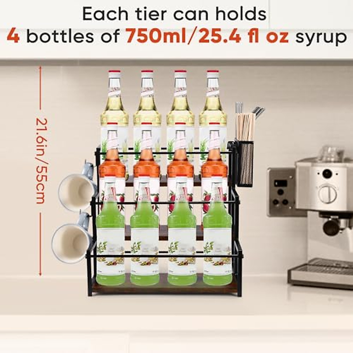 GADFISH Coffee Syrup Rack Organizer, 3 Tier Syrup Bottle Holder Stand for Coffee Bar, 12 Bottles Storage Shelves for Syrup, Wine, Dressing for Kitchen Coffee Station Countertop Tabletop Wine Rack