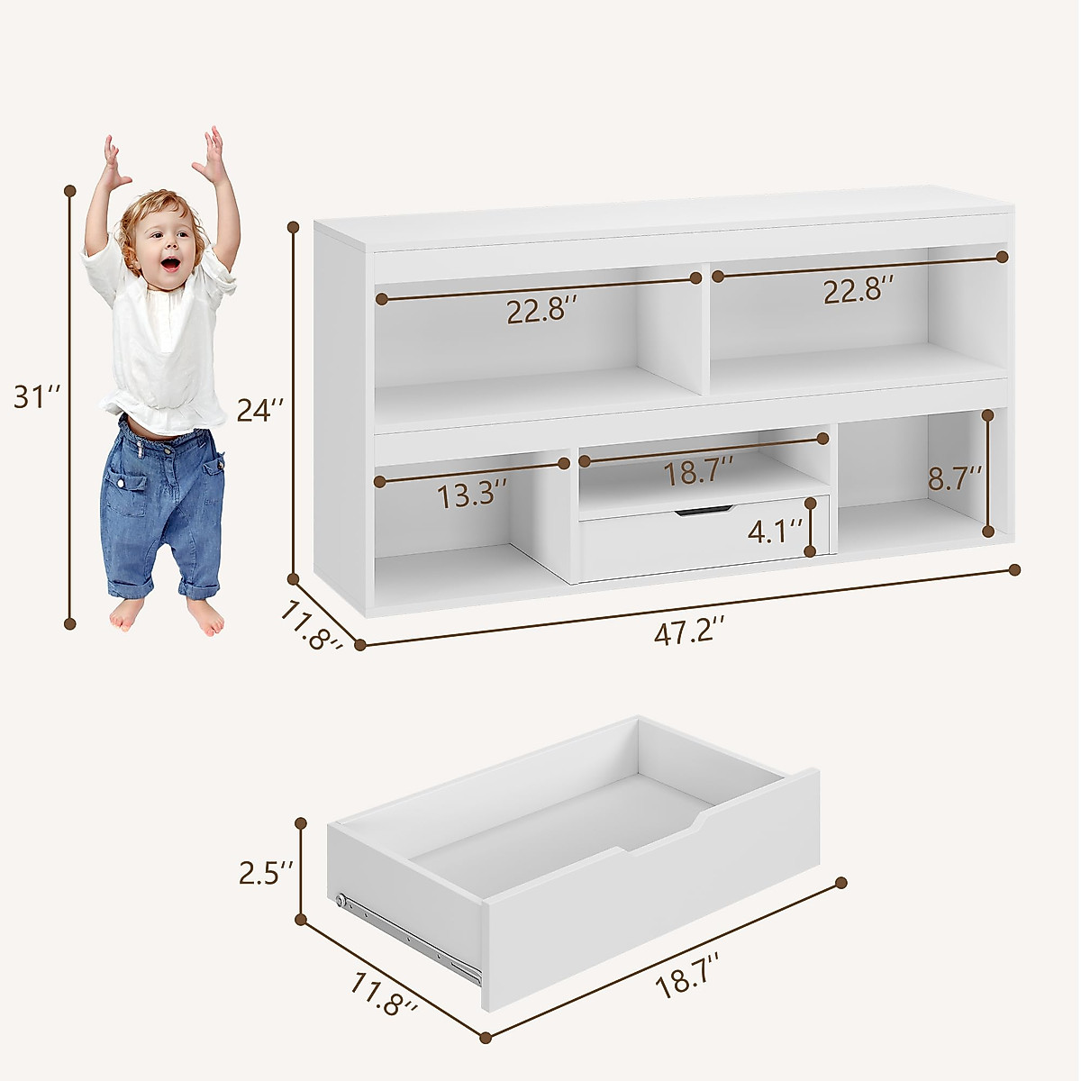 IDEALHOUSE Toy Storage Organizer 5 Cubes Kids Bookshelf with Drawer Wooden Storage Cabinet Playhouse Shelves Cabinet for Boys Girls Toy Bookcase Playroom, Classroom, Nursery, Kids Room