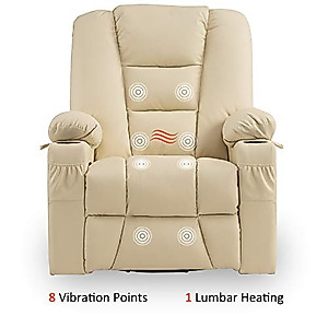 MCombo Manual Swivel Glider Rocker Recliner Chair with Massage and Heat for Nursery, USB Ports, 2 Side Pockets and Cup Holders, Durable Faux Leather 8036 (Cream White)