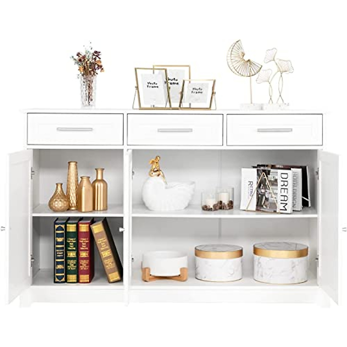 VINGLI Sideboard Cabinet Buffet Table Kitchen Storage Cabinet White Credenza Sideboards and Buffets with Storage Coffee Bar Cabinet with 3 Drawers and Doors for Home Kitchen, Dining Room, Living Room