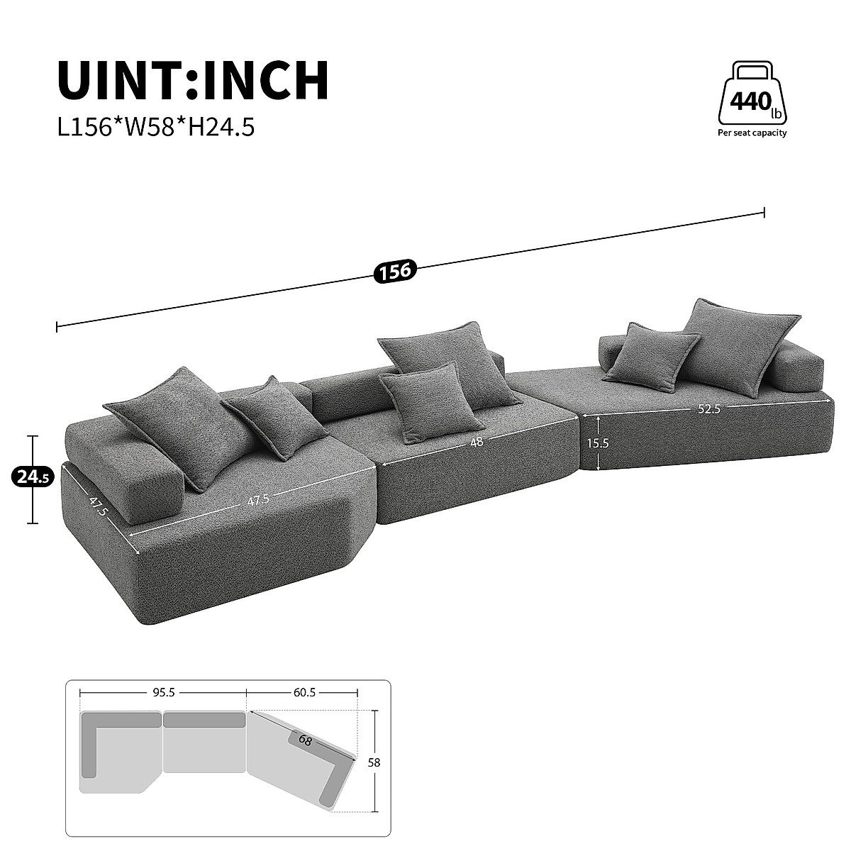 LUMISOL 3 Piece Modular U Shaped Boucle Floor Couch Set, Spacious Sectional Sofa Couch for Living Room, Foam-Filled Sofa Bed for Apartment Office, Convertible Sleeper Couch, Gray