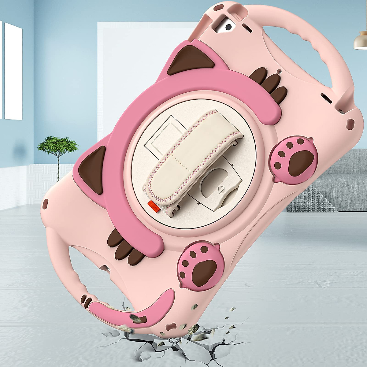 KIQ Cat Shield Case for iPad 9th Generation Case for Kids, Heavy Duty Cute ipad 10.2 case for Kids 7th 8th Gen w/Stand Shoulder Strap - Pink