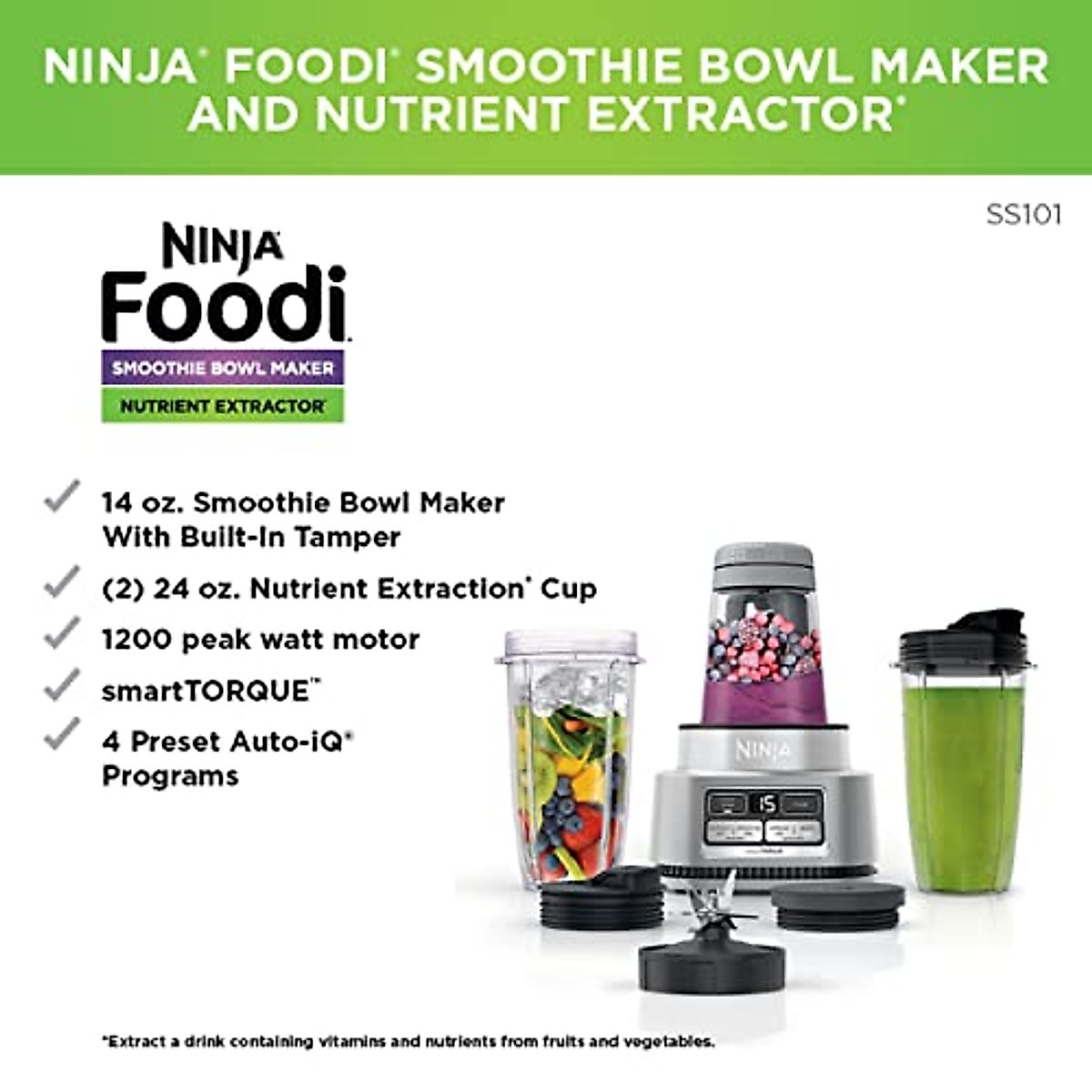 Ninja SS101 Foodi Smoothie Maker & Nutrient Extractor* 1200 WP, 6 Functions Smoothies, Extractions*, Spreads, smartTORQUE, 14-oz. Smoothie Maker, (2) To-Go Cups & Lids, Silver