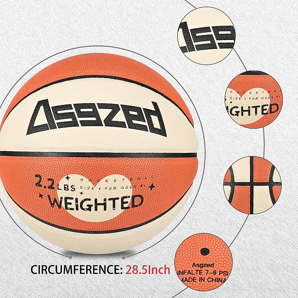 2.2LBS Weighted Heavy Basketball Size 6 Training Basketball 28.5" Training Equipment Moisture Absorbing Leather In&Outdoor for Womens Youth Improving Basketball Passing Skill (Deflated,Without Pump)