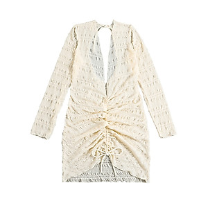 Verdusa Women's Drawstring Deep V Neck Long Sleeve Beach Swimsuit Cover Up Dress Beige XL