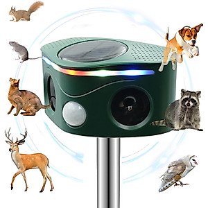 Ultrasonic Solar Animal Repeller for Yard, 5 Modes Outdoor Cat Repellent Squirrel Repellent with Motion Sensor & Flashing Light, Animals Deterrent for Squirrel Bird Deer Cat Skunk Dog for Yard Garden