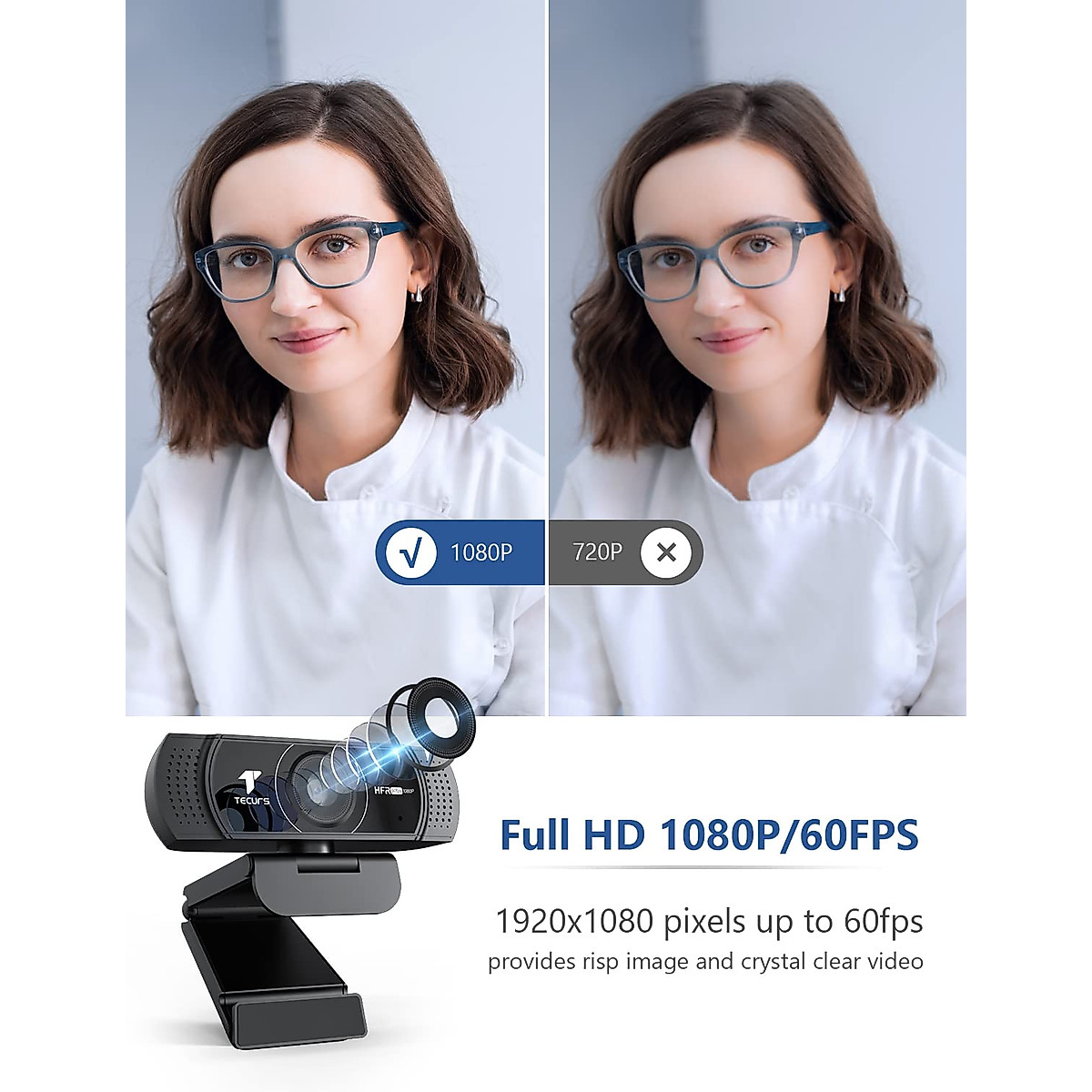TECURS 1080P 60FPS Web Camera, HD Webcam with Microphone, Streaming Webcam with Tripod and Privacy Cover, Computer Camera for Calls/Conference, Zoom/Skype/YouTube, Laptop