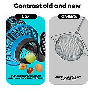 GEEZO Nut Gatherer, Acorn Picker Upper - Side Opening Dump | Pecan Picker Upper - Apply to Acorns, Hickory Nuts, Spiked Balls, Nerf Darts, Golf, Objects 3/4'' to 1-1/2''; 55 inch, 1 Gallon (Blue)