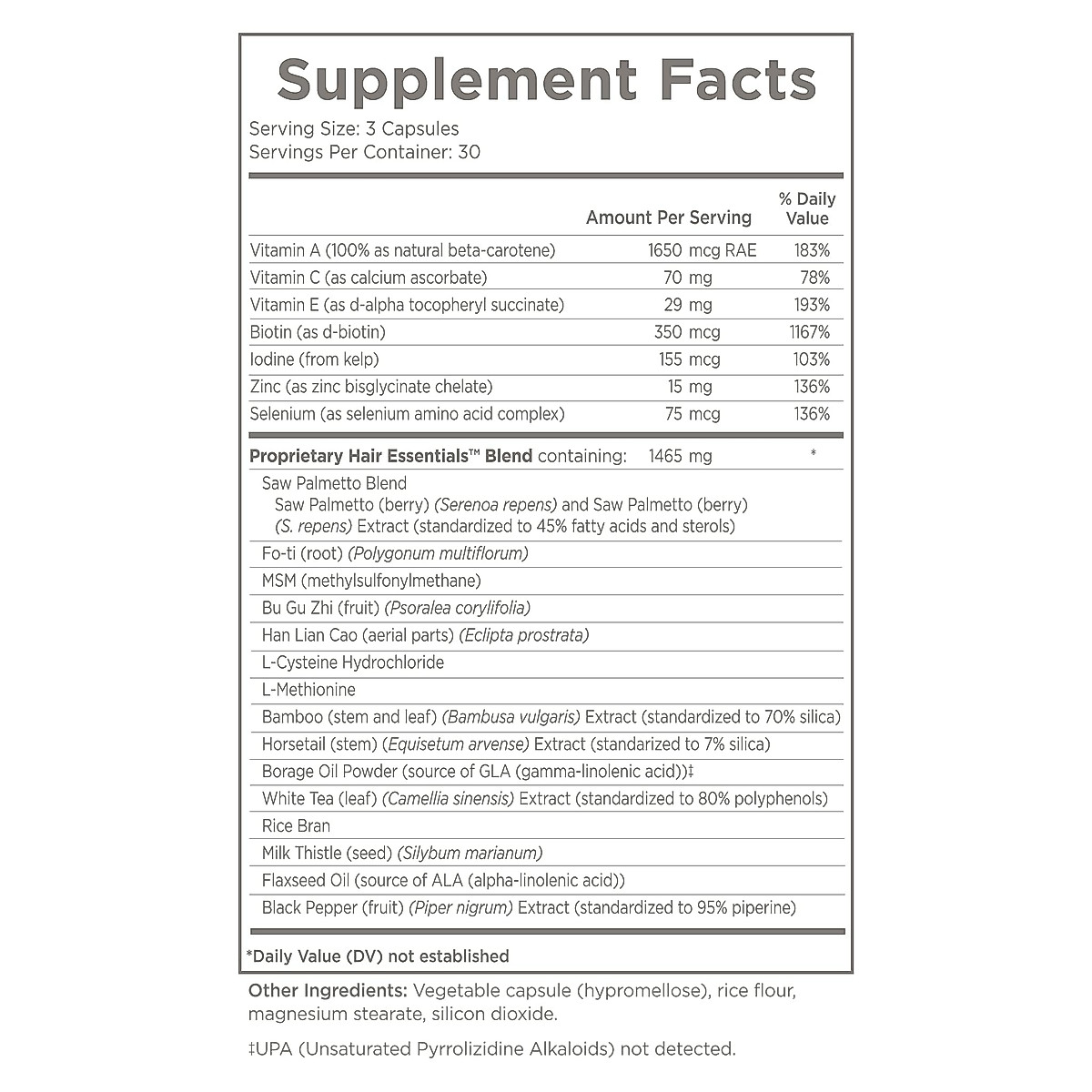 Natural Wellbeing Hair Essentials - Supports Healthy Hair with Saw Palmetto (for DHT), Biotin, Bamboo Silica - Natural Supplement for Women and Men. 90 Veg Caps (1-Month Supply)