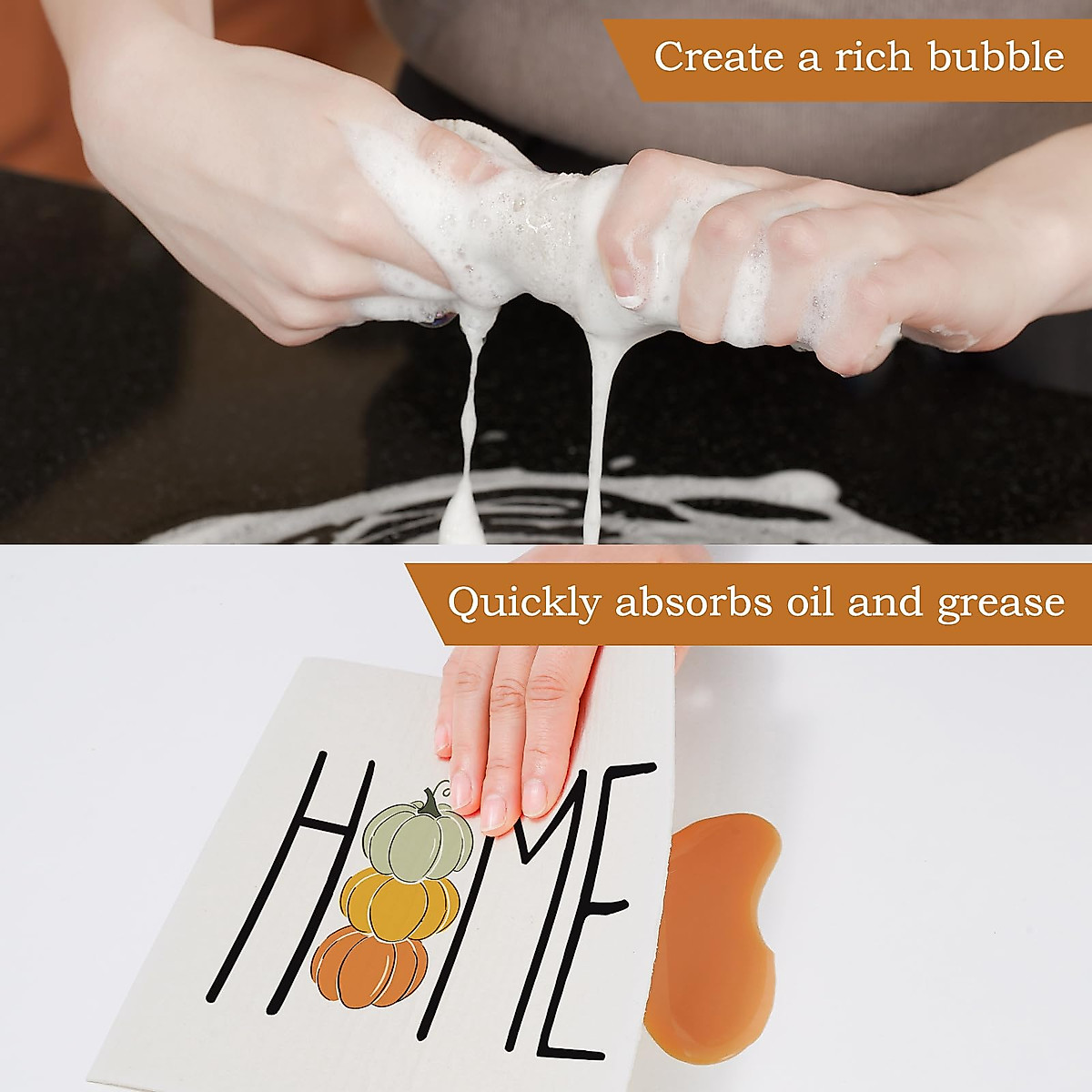 AnyDesign Fall Pumpkin Swedish Dishcloth Sweet Home Autumn Kitchen Cotton Dish Towel Reusable Washable Pumpkin Absorbent Dish Cloth for Housewarming Counter Cleaning, 4Pcs, 7 x 8 Inch