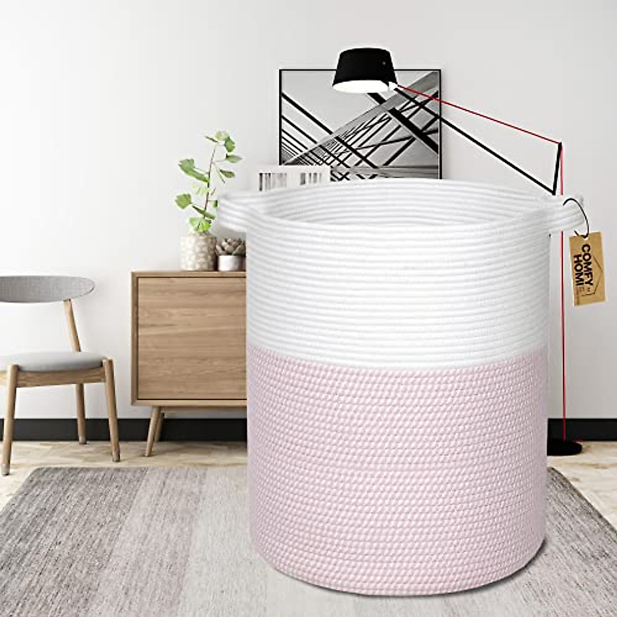 COMFY-HOMI XXL Blanket Basket 18”x16”|Cotton Rope Laundry Basket|Woven Basket for Storage|Gift Basket Empty for Newborn or Infant Gift for Boy Girl, Toy basket for blanket, cloth, towel-White/Pink