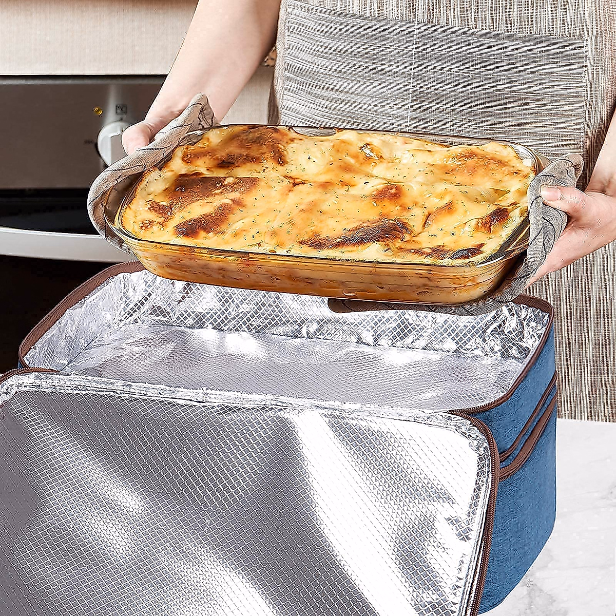 LHZK (2-Piece Set Double Decker Insulated Casserole Carrier and Single Decker Insulated Casserole Carrier for Hot or Cold Food, Fits 11 x 15 or 9 x 13 Baking Dish, Blue