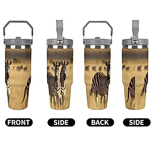 BWQJKUO Large Capacity Car Cup 30 Oz Stainless Steel Zebras in The Grass of The Savanna Printed Travel Mug Leak-proof Flip Straw Tumbler with Handle,keeps Cold Or Ho