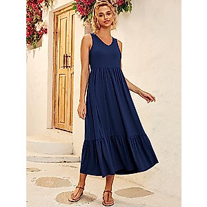 LILLUSORY Women's Summer Sleeveless V Neck Flowy Swing Dresses Casual Tiered Long Maxi Dress with Pockets Navy Blue