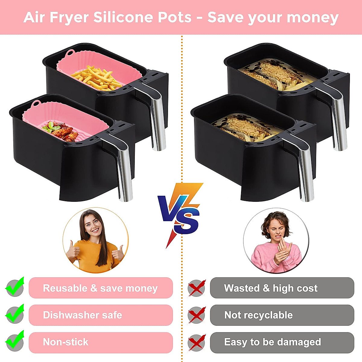 Air Fryer Silicone Pots, 2 Packs Food Grade Reusable Heat Resistant Easy Cleaning Silicone Air Fryer Liner Basket Bowl Accessories for Ninja Foodi Dual DZ201 DZ401 DZ550 8 QT 10 QT Air Fryer