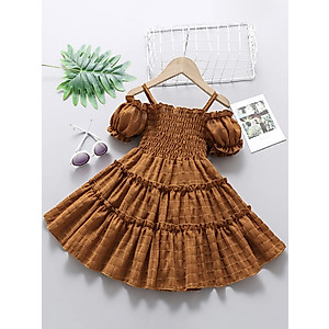 Verdusa Toddler Girl's Cold Shoulder Puff Sleeve Shirred Swing A Line Dress Brown 110