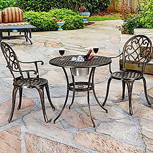 Giantex 3pcs Bistro Table Set Cast Aluminum Outdoor Patio Furniture Set Round Table W/Removable Ice Bucket, 2 Chairs Antique Garden Furniture Weather Resistant (Antique Bronze)