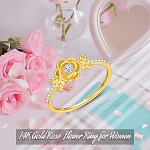 SISGEM 14K Real Gold Rose Flower Ring for Women,Yellow Gold Natural Diamond Engagement Ring/Wedding Band/Wedding Anniversary Birthday Gifts for Her (8)