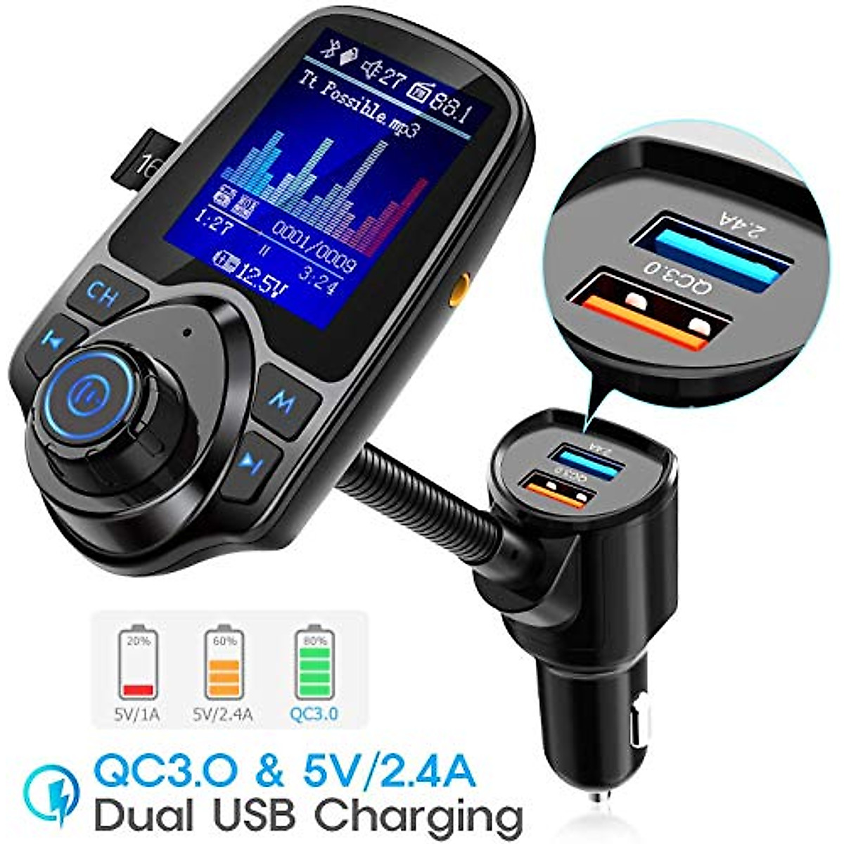 Nulaxy Wireless In-Car Bluetooth FM Transmitter Radio Adapter Car Kit W 1.8 Inch Display Supports TF/SD Card and USB Car Charger for All Smartphones Audio Players-KM18 color