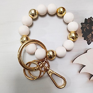 Junyuerly Wristlet Keychain Silicone Beaded Key Ring Bracelet for Women Elastic Bangle Key Chain Holder (Gold bead + white bead)