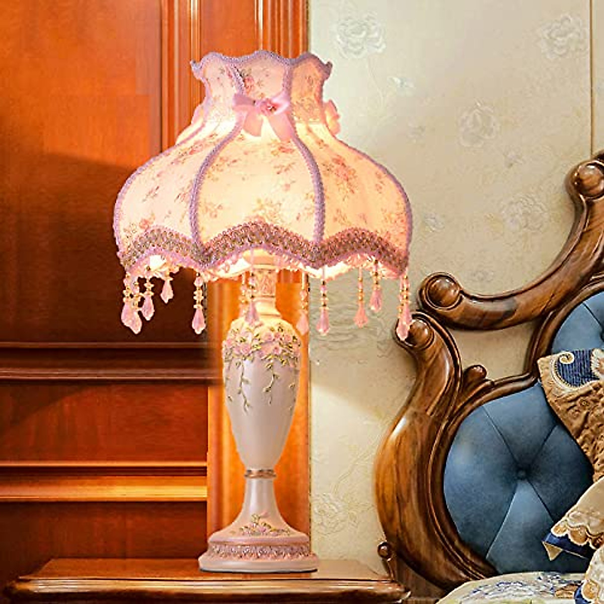 GaRcan Mid-Century Pink Desk Lamps Art Deco Resin Table Lamp Reading Bedside Light Fabric Princess Shade for Living Room Office, Study Room, Bedroom, Dorm Room,Pink