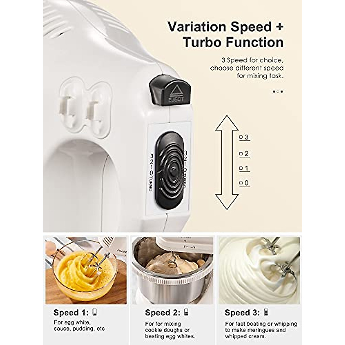 2 in 1 Hand Mixers Kitchen Electric Stand mixer with bowl 3 Quart, electric mixer handheld for Everyday Use, Dough Hooks & Mixer Beaters for Frosting, Meringues & More (White-S)
