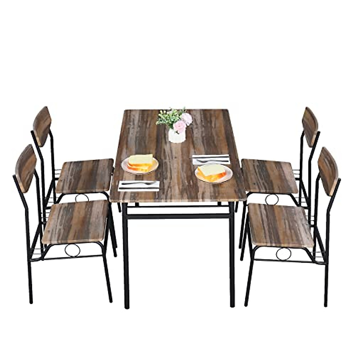 AOCOROE Rectangular Dining Table & Chair Set of 5 w/Storage Space, Dining Room Set w/ 1 Table & 4 Chairs, Table Chair Set w/MDF Tabletop & Iron Frame, for Dining Room, Bistro, Home Bar, Kitchen