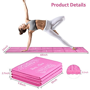 Foldable Yoga Mat for Women, Non Slip Exercise Mat for Home Gym, Travel Yoga Set With Stretch Strap for Yoga Pilates and Fitness, 68"L x 24"W x 5mm Thick (Pink)