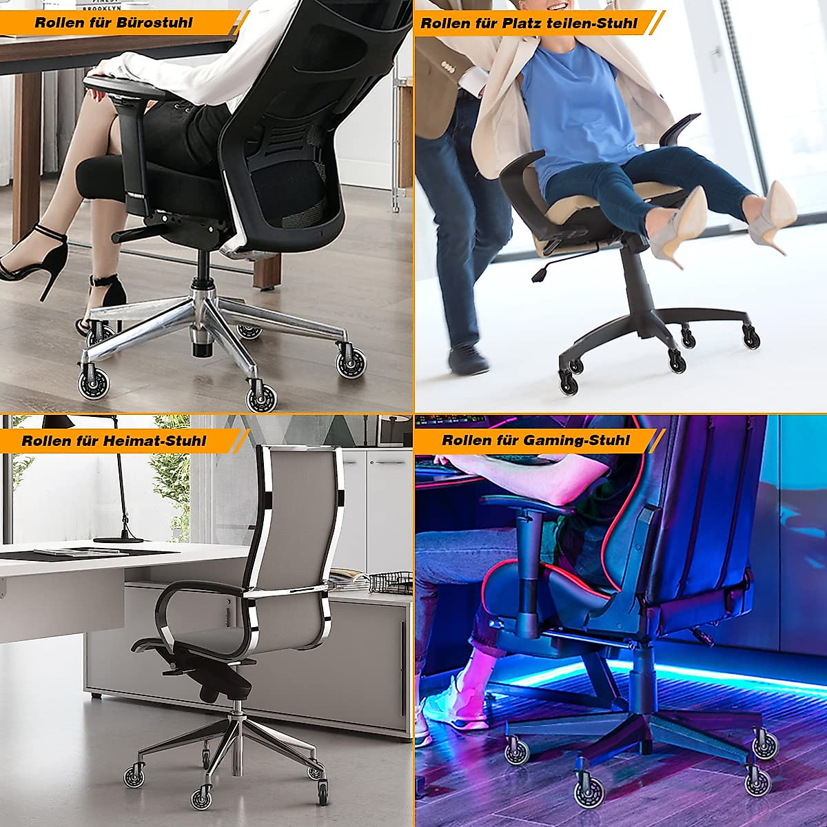 Fulgente Office Chair Caster Wheels(Set of 5), Heavy Duty Protection for Hardwood & Tile Floors Without Mat, Replacement Rubber Chair Casters Universal Fit 7/16 inch -Quick & Quiet Rolling Over Cables