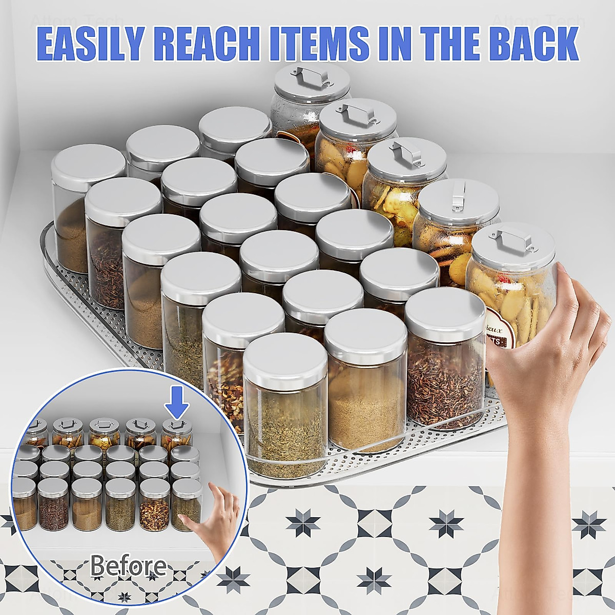 NiHome Rectangular Lazy Susan Organizer for Refrigerator, 360 Rotation Turntable, Premium PC Tray, Easy Installation, Multifunctional Organizer for Spices, Makeup & More (Large)