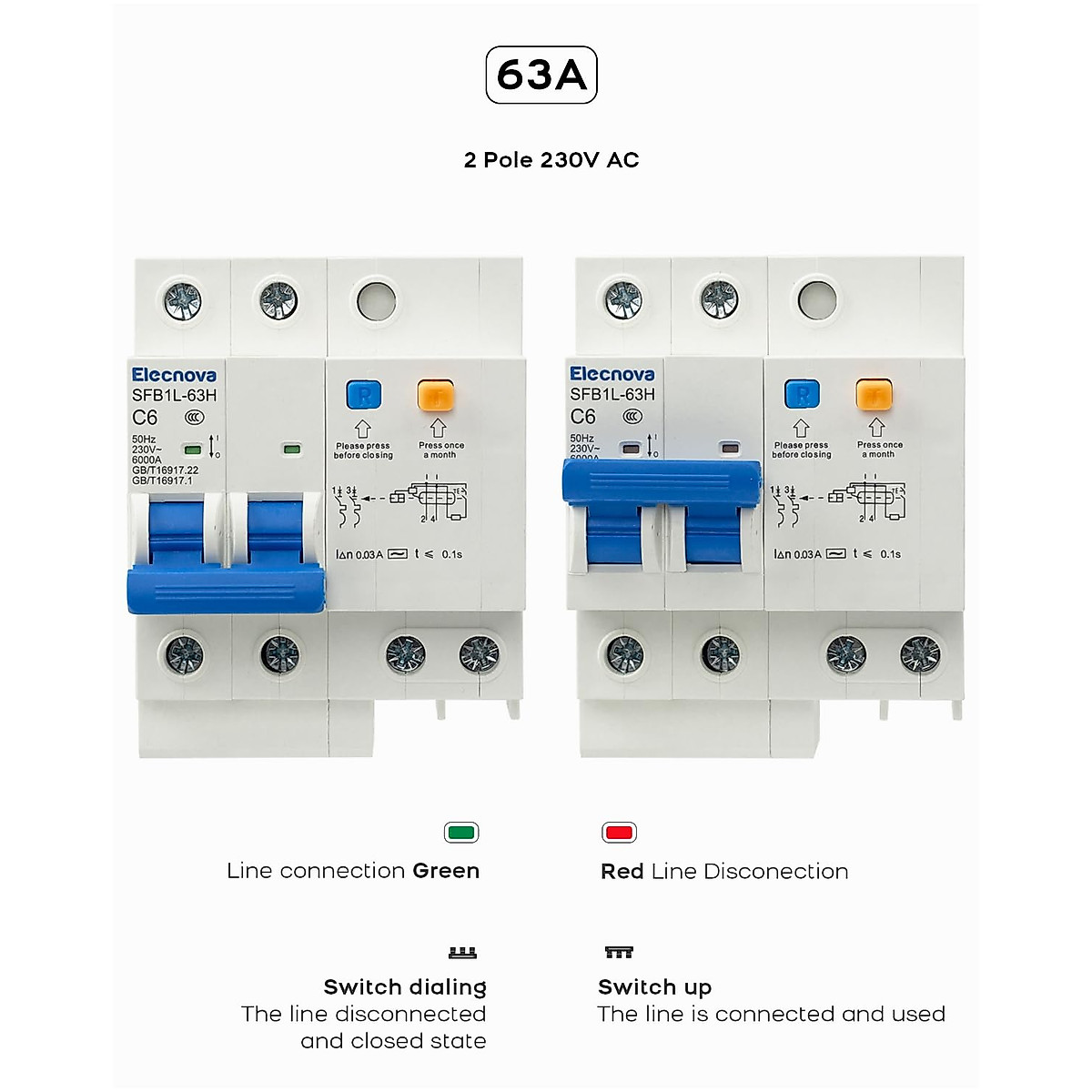 Elecnova 6-63A Miniature Circuit Breaker, 2Pole+N AC 63 Amp 230V, DIN-Rail Mounted MCB, Circuit Leakag, Overload, Short-Circuit Trip, 110V / 120V Available