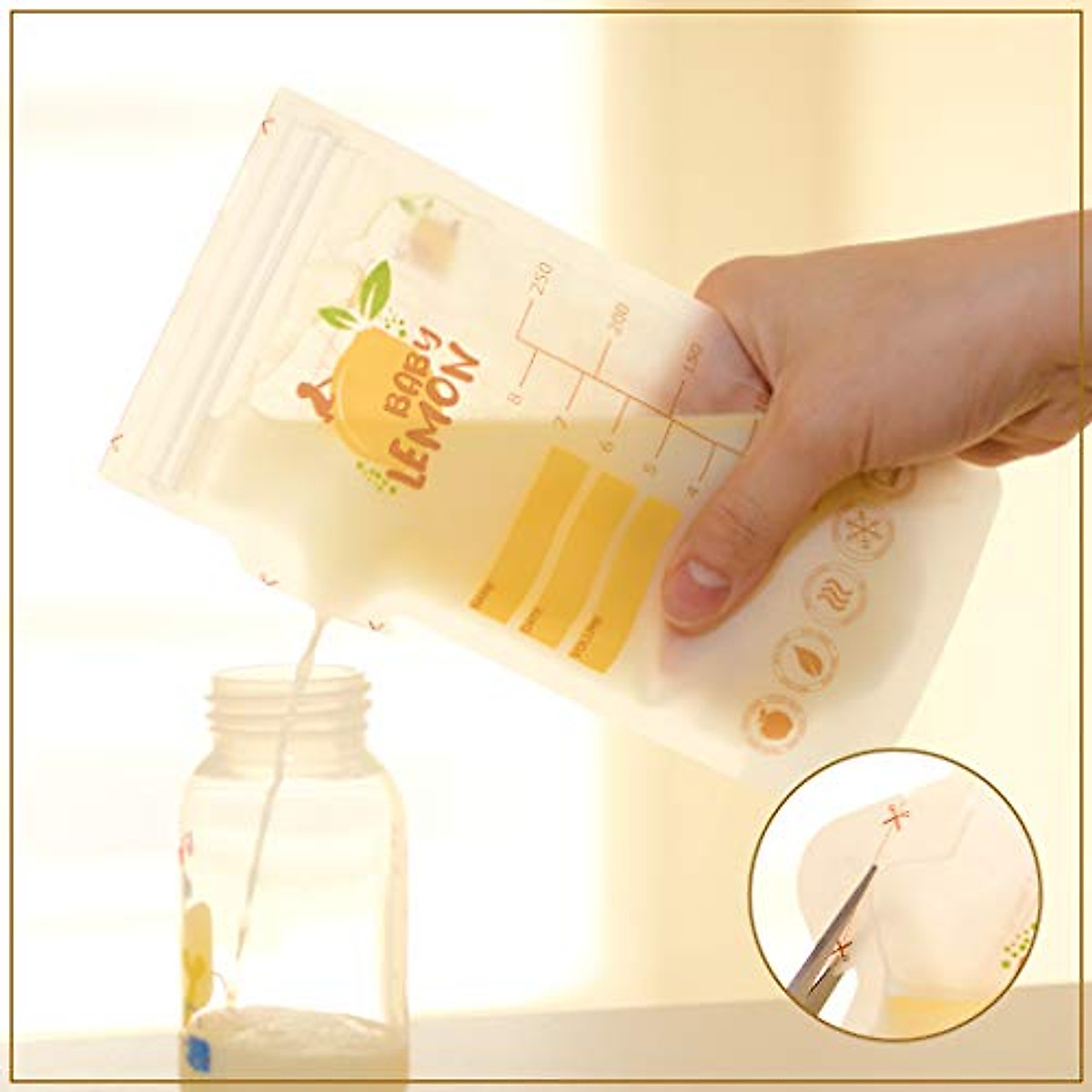 Baby Lemon Breast Milk Storage Bags with Spout - 8 oz, 100 Bags, Extra Thick, Leak Proof, Pre-sterilized, Ready to Use, BPA Free, Easy Write Material