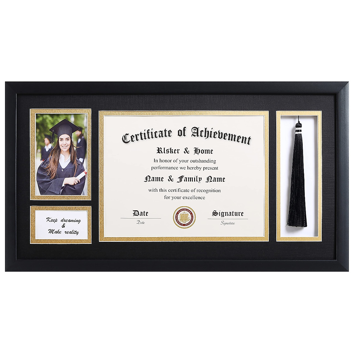 ELSKER&HOME 11x22 Diploma Frames with Tassel Holder for 8.5x11 Certificate Document Shadow Box, 4x6 Graduation Photo, Matte Black Frame, Degree Double Mat, Black with Gold Rim