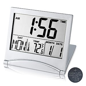 KANBIT Digital Travel Alarm Clock Battery Operated, Portable Large Number Display Alarm Clock with Temperature,12/24 H Small Desk Clock -Silver (NO Light)
