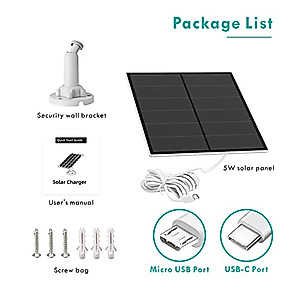 5W Solar Panel for Rechargeable Battery Security Camera, Outdoor IP65 Waterproof Solar Power Supply for Wireless Surveillance Camera, Micro USB Solar Panel, 360° Adjustable Wall Mounting Bracket