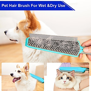 Rubber Broom Carpet Rake for Pet Hair Remover, Fur Remover Broom with Squeegee, Portable Detailing Lint Remover Brush, Pet Hair Removal Tool for Fluff Carpet, Hardwood Floor, Tile, Window (Blue)