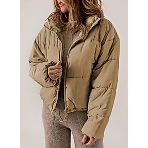 Dokotoo Womens Puffer Jackets Ladies Cute Warm Winter Coats for Women Oversized Stand Neck Full Zipper Up Drawstring Baggy Padded Jacket Coat Warm Comfy Soft Outerwear with Pockets Khaki XL